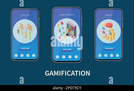 Business gamification elements isometric mobile banners set isolated on ...