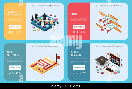 Isometric business gamification horizontal banners set with planning strategy tasks goals skills ...