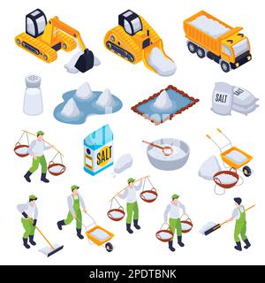 Salt production set with mineral extraction symbols isometric isolated ...
