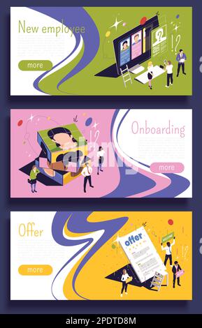 Onboarding isometric horizontal web banners set with new employees and ...