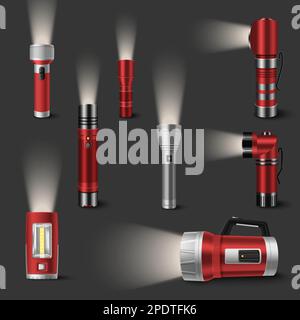 Side view of red realistic shining handheld flashlights of different ...