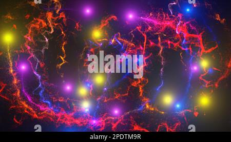 Multi-colored flying particles leaving beautiful trails. 3d render ...