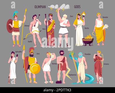 Olympian gods flat icon set with athena appolo hera zeus hestia demeter aphrodite ares hermes ...