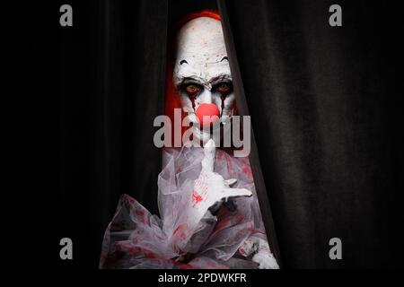 Terrifying clown hiding behind black curtains, space for text ...