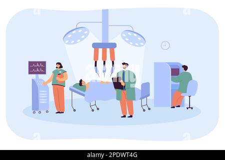 Surgeon using surgical robot for operation on cartoon patient. Robotic ...