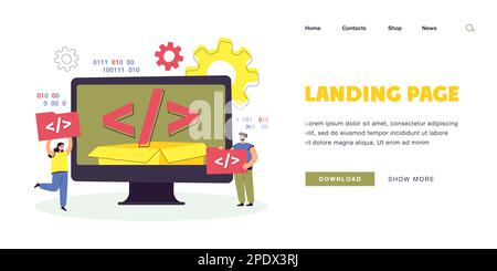 Tiny people using open source platform. Characters holding script elements, computer flat vector ...