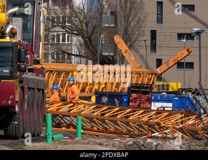 Potsdam, Germany. 15th Mar, 2023. A fallen construction crane lies on ...