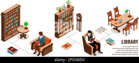 Isometric library interior flowchart with people reading books vector ...