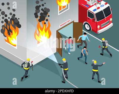 Fire alarm composition with people evacuating from burning house ...