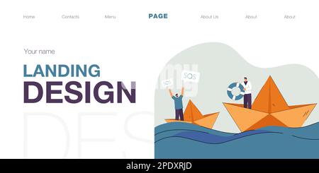 Tiny man on paper ship at sea asking friend for help Stock Vector Image ...