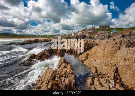 View of Sandend in summer on the Moray coast in Aberdeenshire, Scotland ...