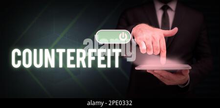 Sign displaying Counterfeit. Word for made in imitation of something ...