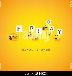 Friday! - Weekend's Coming Banner With Winking and Smiling Emoji ...