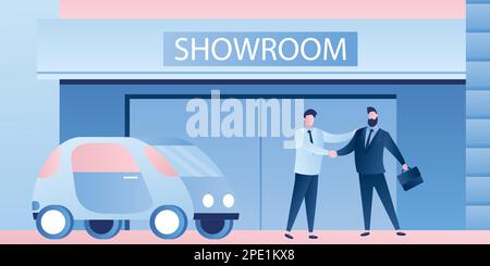 Car salesman in dealer showroom. New cars sales, happy seller shows ...