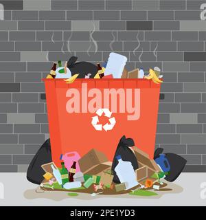 Trash can with piles of garbage. Dirty trash on the floor and ...