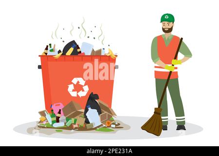 Garbage collector and trash bag with garbage. Cartoon Male worker ...