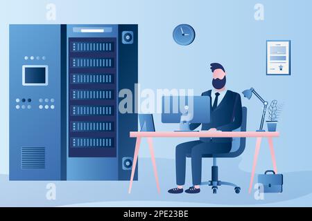Handsome system administrator online monitors the operation of servers ...