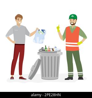 Garbage collector and trash bag with garbage. Cartoon Male worker ...
