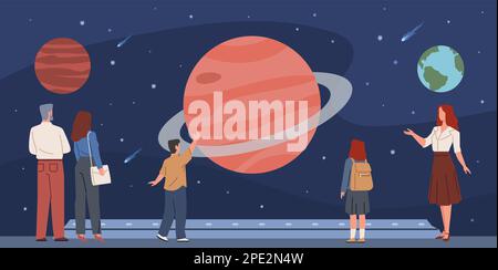People in planetarium. Visitors at space museum, adults and kids study ...
