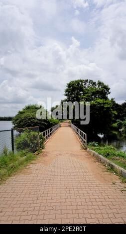 Portrait view of walking lane of Agara lake. Well maintained lakes and ...