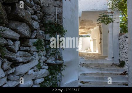 Greece. Tinos island, Dio Horia village. Cycladic architecture in white ...