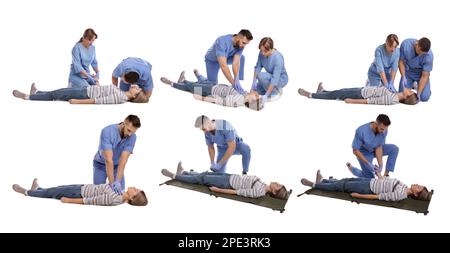 Ambulance doctors performing cardiopulmonary resuscitation on a ...