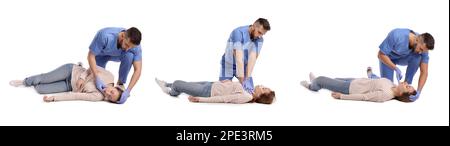 Doctor performing first aid on unconscious woman against white ...