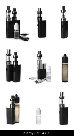 Set with electronic smoking devices on white background Stock Photo - Alamy