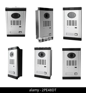 Set with modern intercom door stations on white background Stock Photo ...