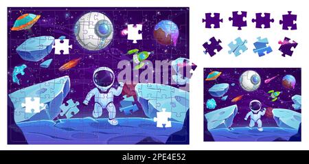 Cartoon space landscape and astronaut. Jigsaw puzzle game pieces ...
