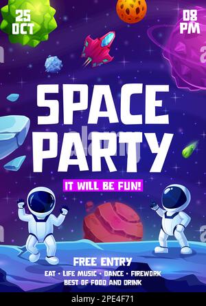 Space party flyer cartoon astronaut, ufo, rocket and space planets ...