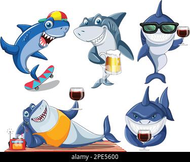 Shark Doing Different Activities Cartoon Characters illustration Stock ...