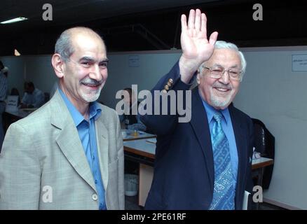 Iranian political dissident, Ebrahim Yazdi, right, leader of Iran's ...
