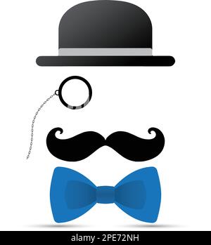 Black mustache, monocle, hat and blue bowtie on white background Stock ...