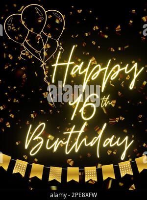 Happy 16th birthday party celebration balloon, bunting and gift box. 3D ...