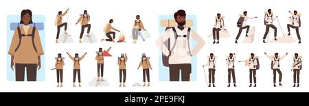 Cartoon man woman separated travelers hiking, camping, kayaking and ...