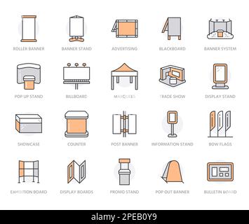 Exhibit linear icons set. Display, Showcase, Presentation, Exhibition ...