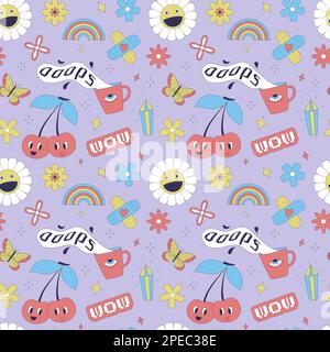 Retro butterfly seamless pattern. 70s style ecological insect garden ...