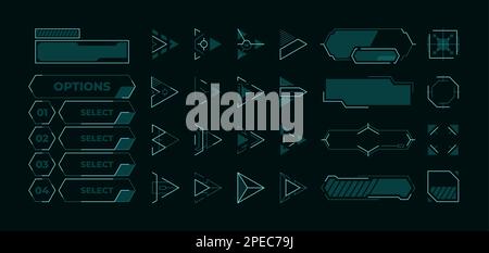 HUD futuristic arrow cursors, interface navigation neon buttons, vector virtual panel control ...