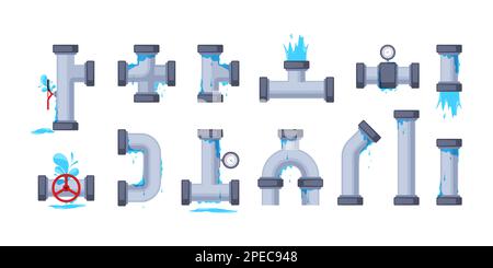 Leaking pipe. Water drops, broken sewer, plastic pipeline with leakage ...