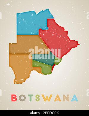 Botswana map. Country poster with regions. Old grunge texture. Shape of ...