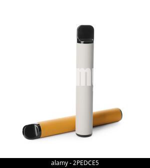 Disposable electronic smoking devices on black background, flat lay ...