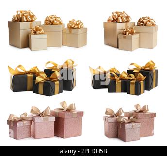 Beautiful gift boxes on white background Stock Photo - Alamy