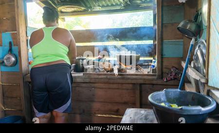 Indigenous mestizo woman cooking in her wooden cabin in the Caribbean ...