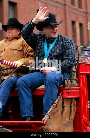 Olympic gold and bronze medalist Rulon Gardner holds the gold medal he ...