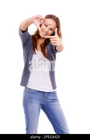 Photo portrait of young woman comparing copyspaces keeping on hands ...