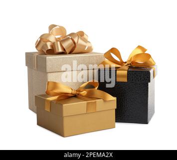 Many beautiful gift boxes on white background Stock Photo - Alamy