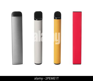 Set with different electronic smoking devices on white background Stock ...