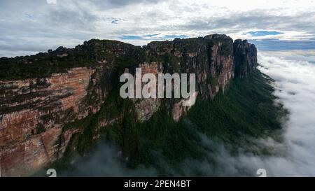Towering sandstone rock cliffs of Auyan Tepui in the morning light with ...