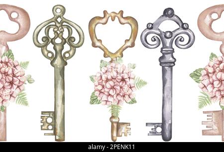 Watercolor retro style seamless border with keys and padlocks clipart ...